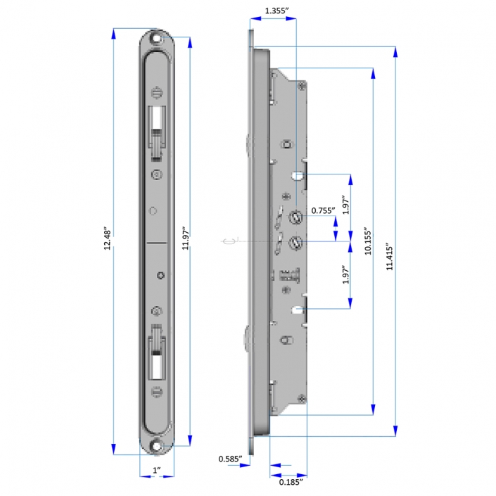 Apex Adjustable Dual Point Sliding Door Mortise Lock Recessed Mount