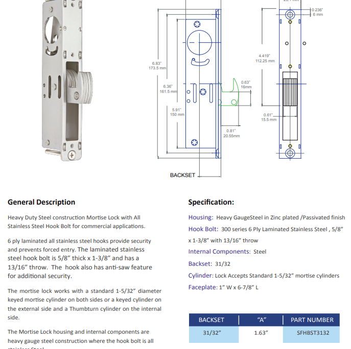 SFHBST150 Rockwell Steel Deadlocking Hook Bolt Mortise Lock – 1-1/2 ...